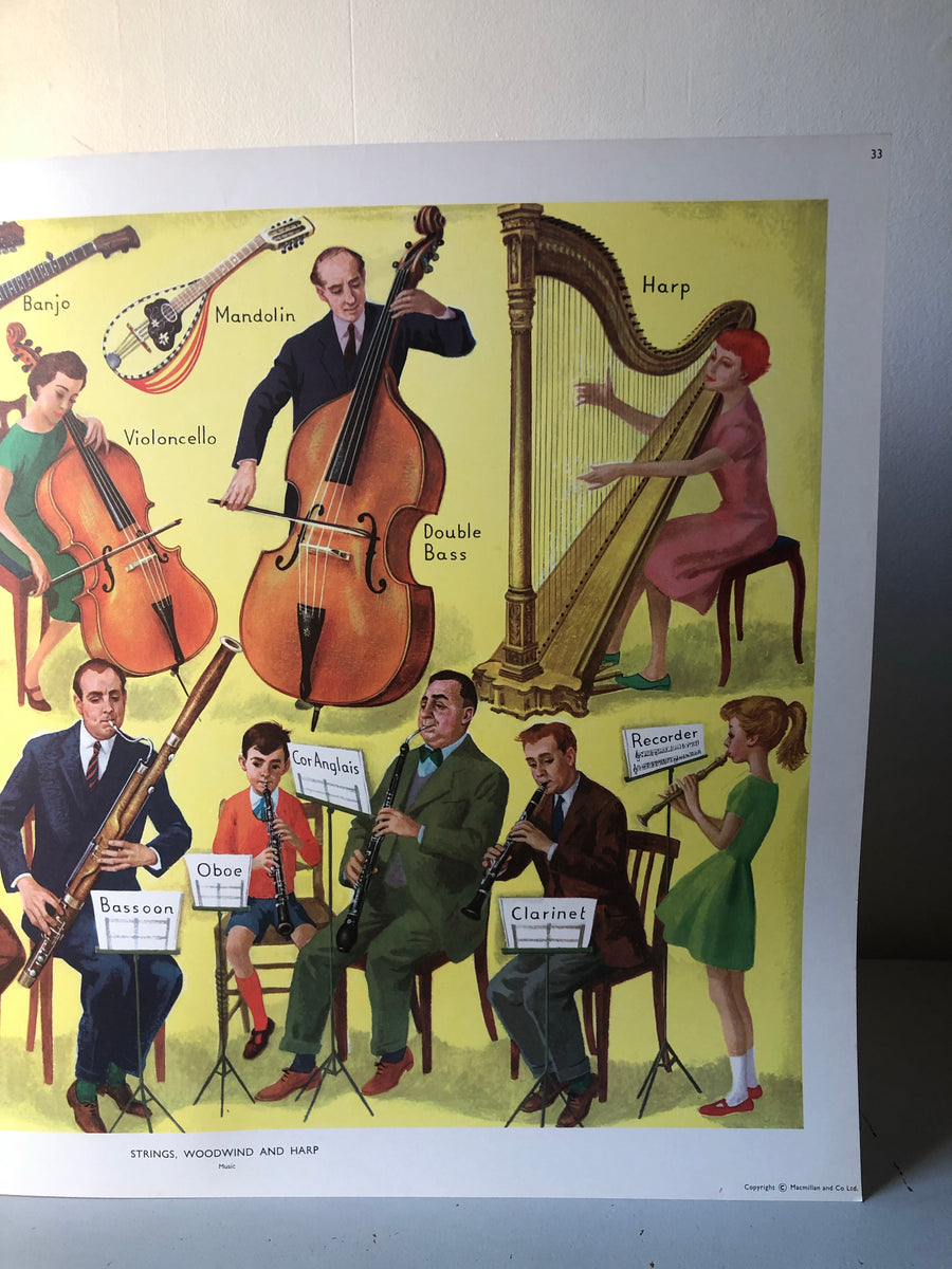 Original 1950s School Poster, ‘Strings, Woodwind & Harp’ – Lost and loved